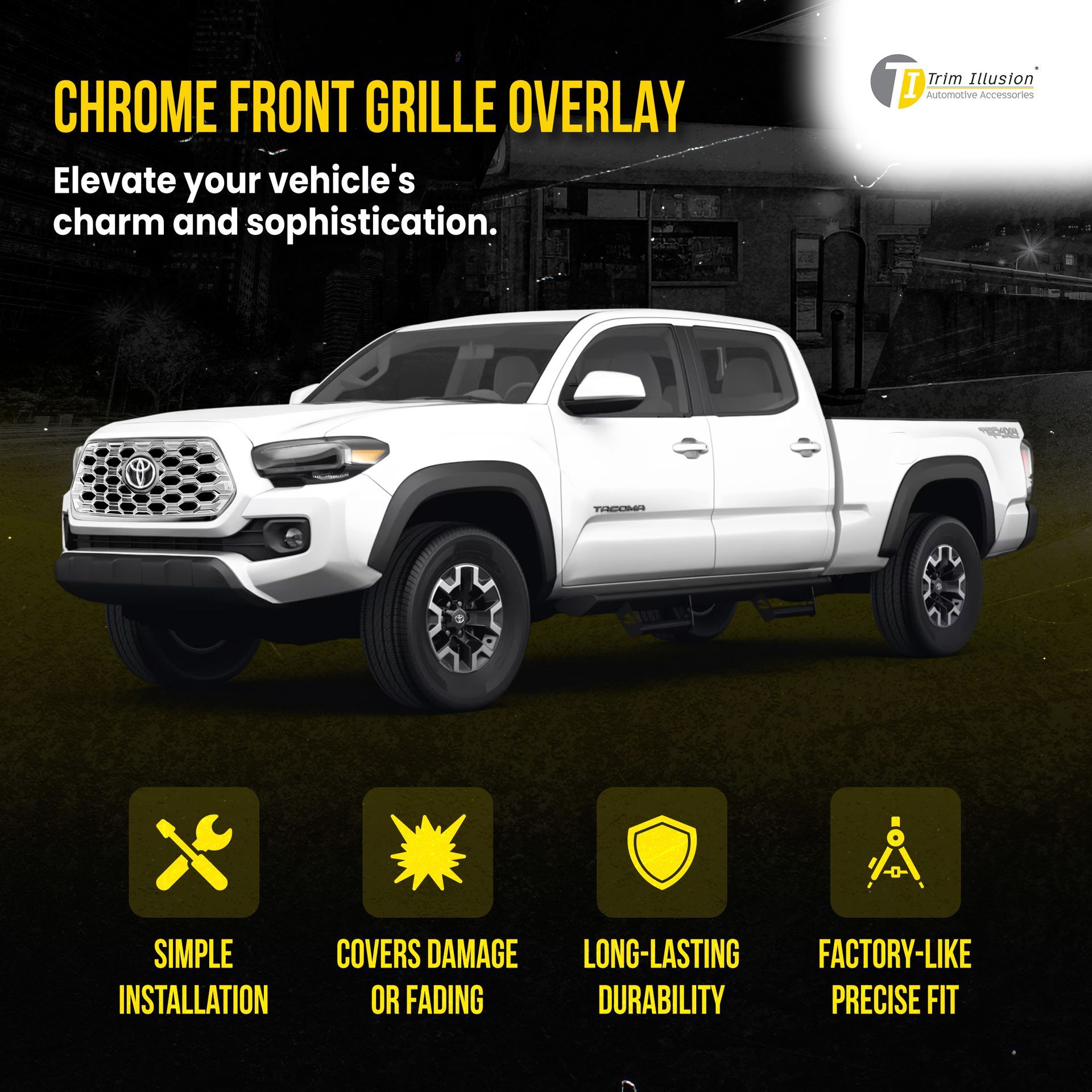 Patented Snap-On Overlay Chrome Grille fit 2020-2023 Toyota Tacoma TRD ...